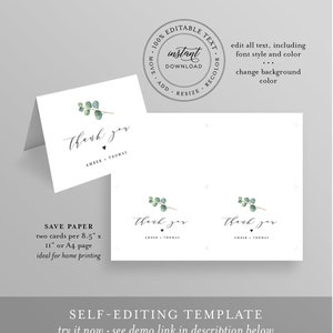 Eucalyptus Wedding Thank You Card Template, INSTANT DOWNLOAD, 100% ...