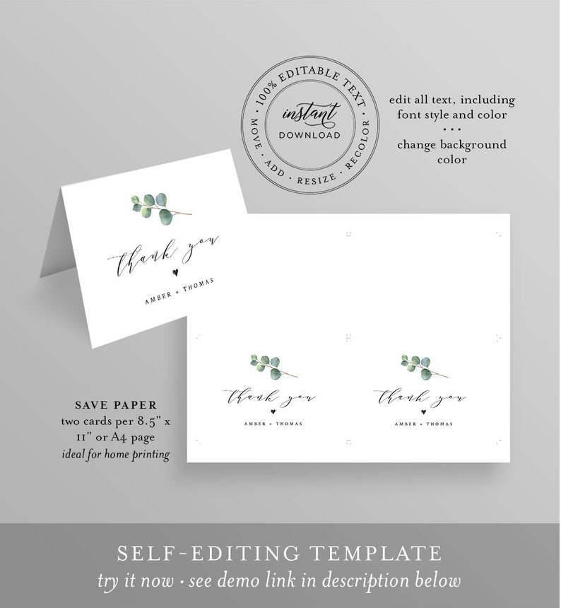 Eucalyptus Wedding Thank You Card Template INSTANT DOWNLOAD | Etsy