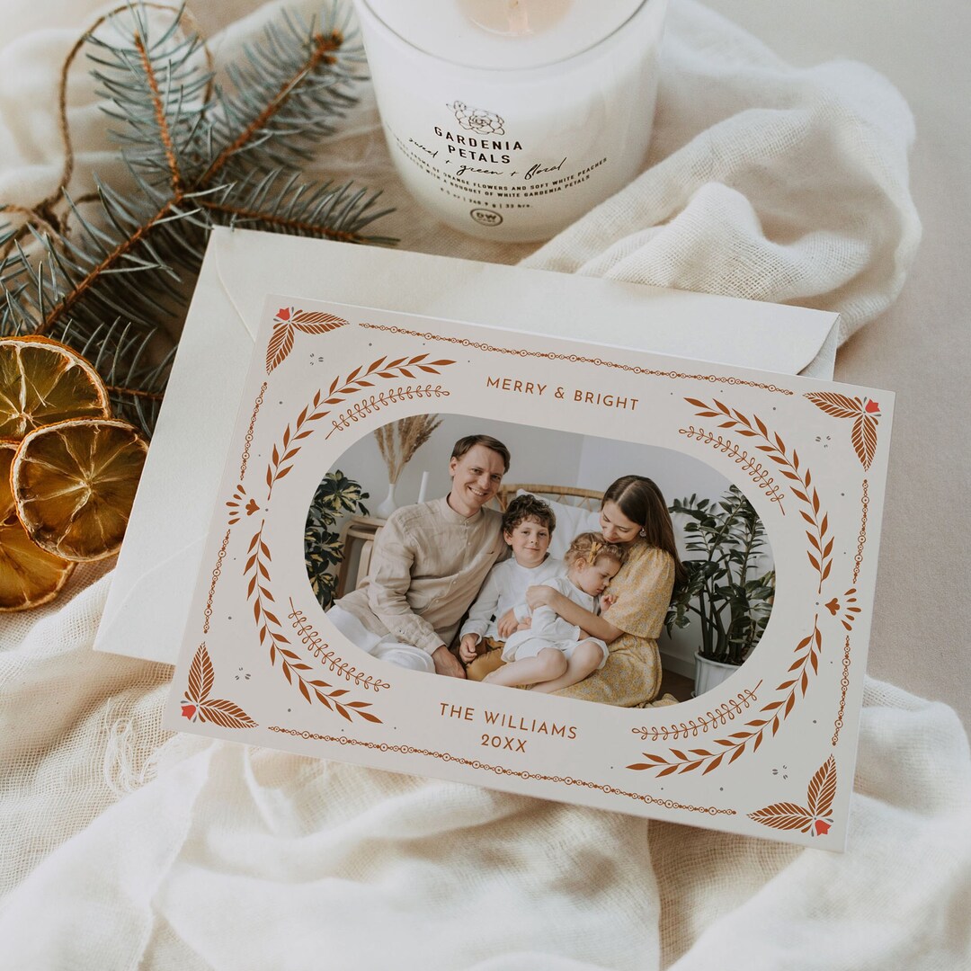 Folk Holiday Card Template, Photo Christmas Card, Hygge Line Art ...