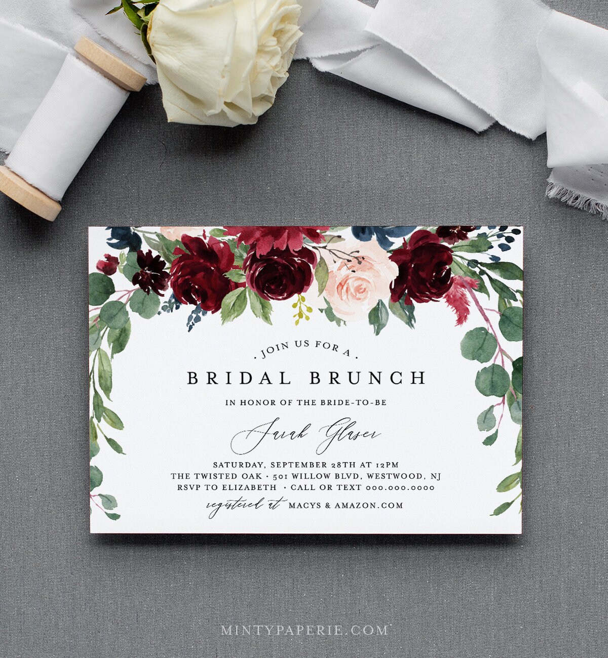 Bridal Brunch Invitation Template Couples Shower Invite Merlot 