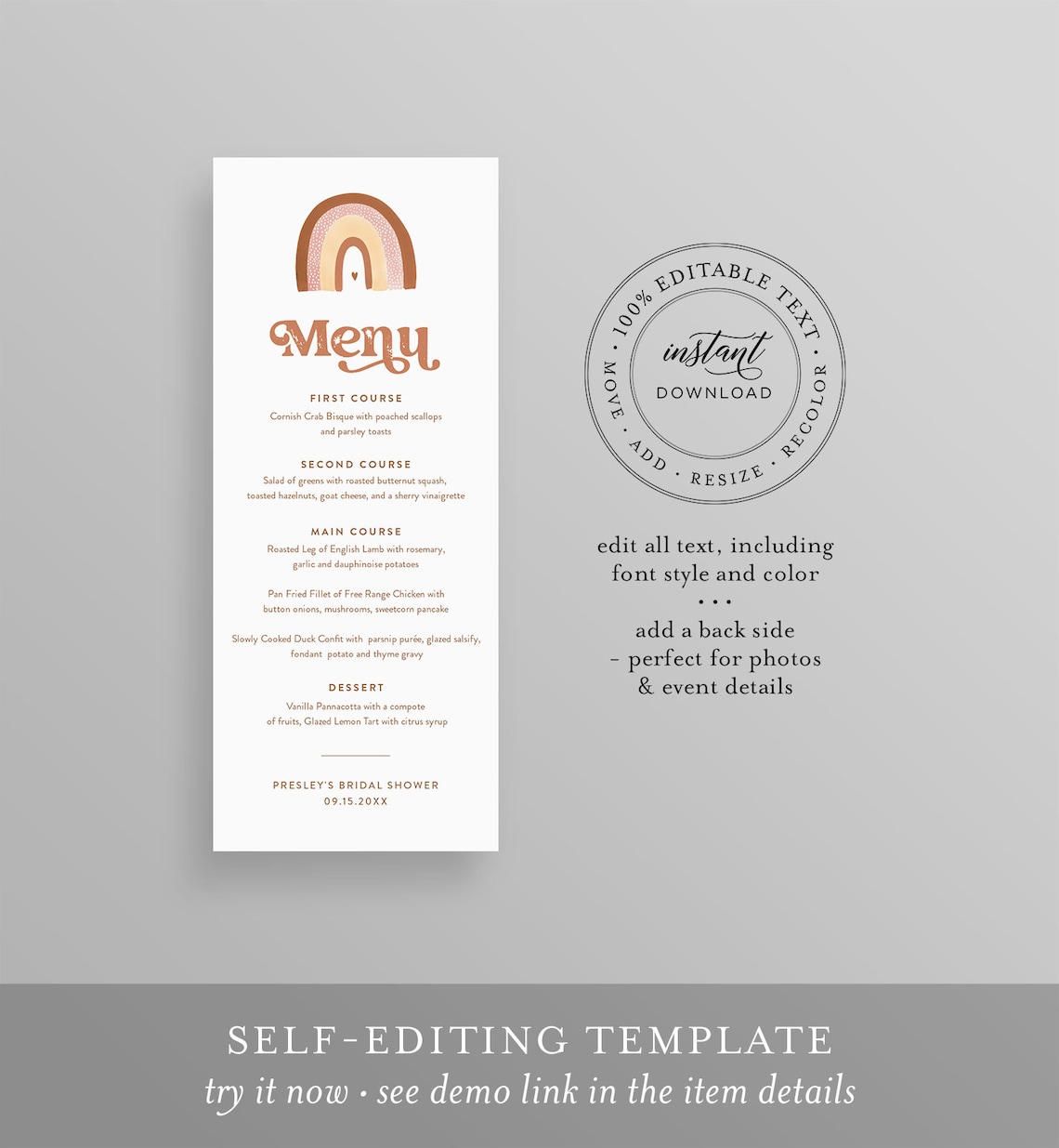 Retro Rainbow Menu Card Template Bohemian Shower Menu Boho - Etsy