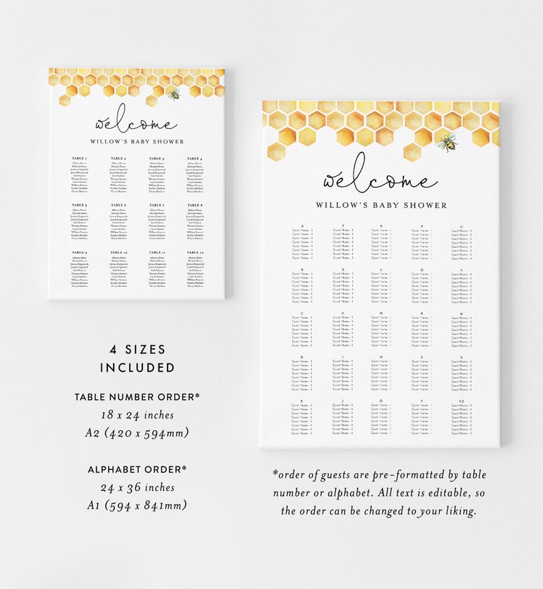 Honey Bee Seating Chart Template, Printable Baby / Bridal Shower ...