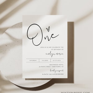 1st Birthday Party Invitation, One Birthday Invite, Minimalist, Photo ...