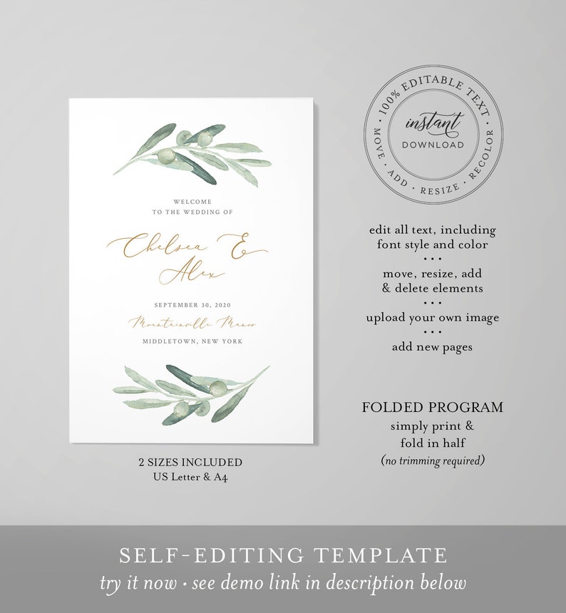 Olive Wedding Program Template Folded Booklet Printable - Etsy