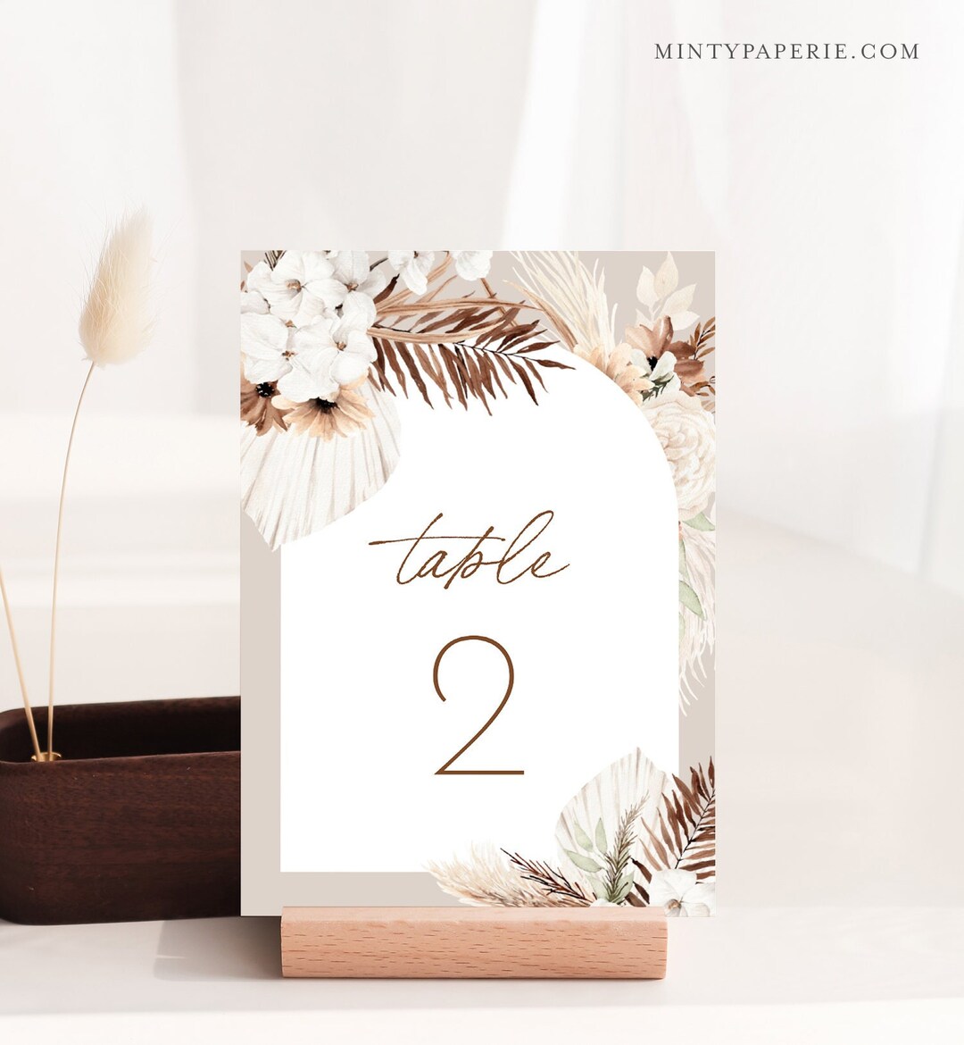 Bohemian Table Number Card Template, Boho Pampas Grass Wedding Table ...