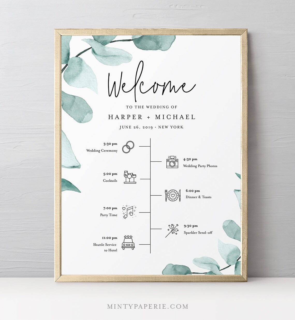 Welcome Sign and Timeline With Wedding Day Icons, Eucalyptus Bridal ...