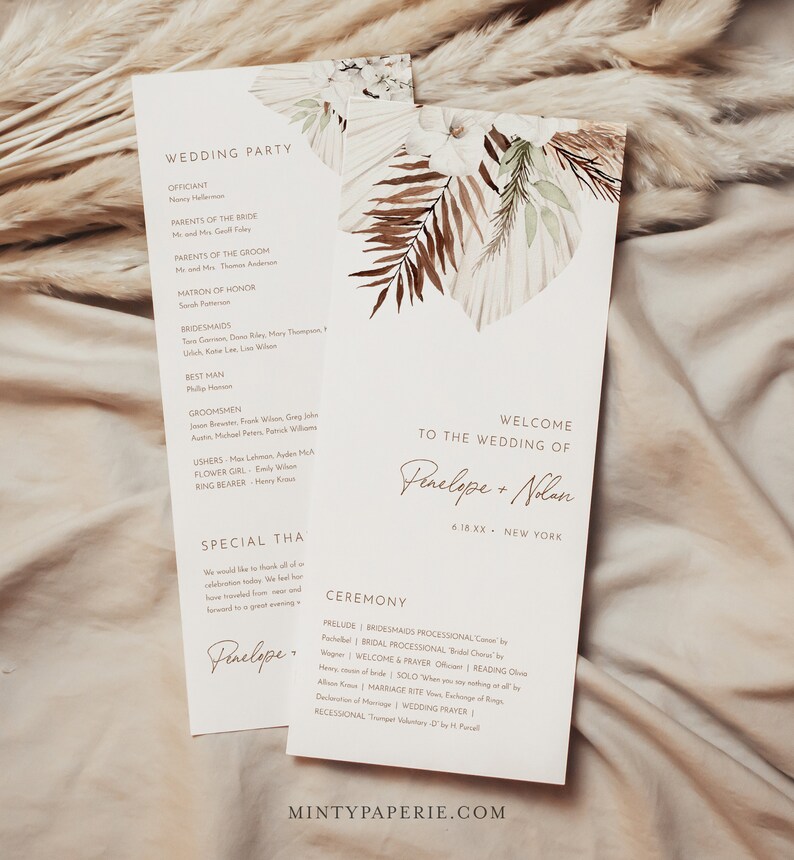 Bohemian Wedding Program Template Pampas Palm Boho Order of - Etsy