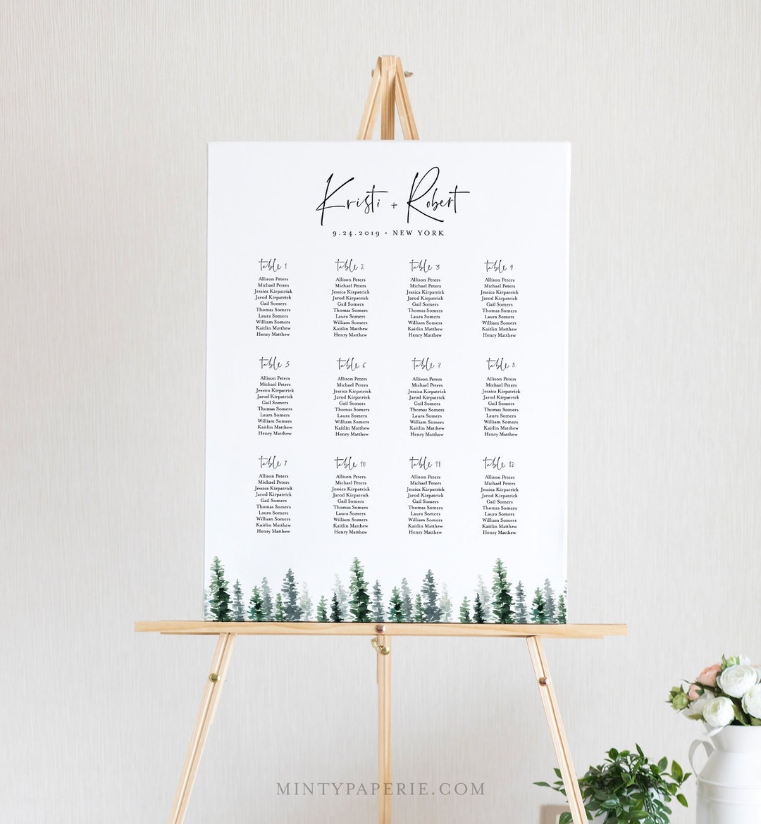 Pine Tree Seating Chart Template, Wedding Seating Sign, Alphabetical ...