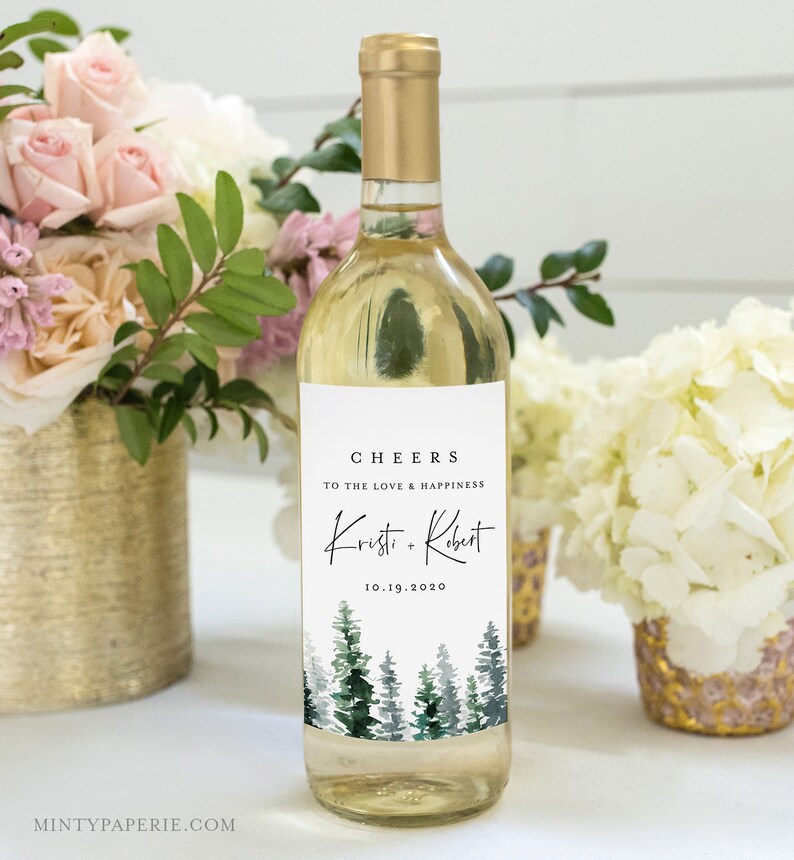 Pine Tree Wine Bottle Label Template, Printable Wedding or Bridal ...