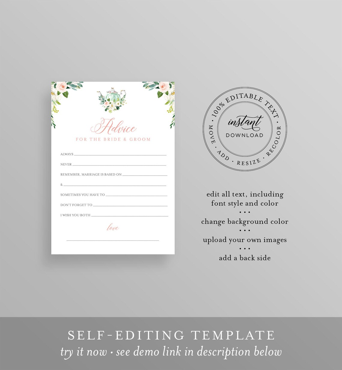 Bridal Shower Advice Card, Wedding Advice for the Bride and Groom, Tea ...