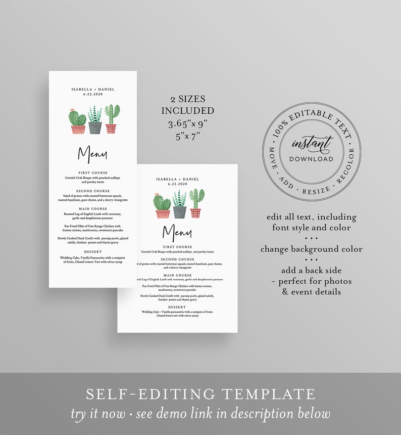 Fiesta Menu Template Cactus Wedding Menu Card Printable - Etsy
