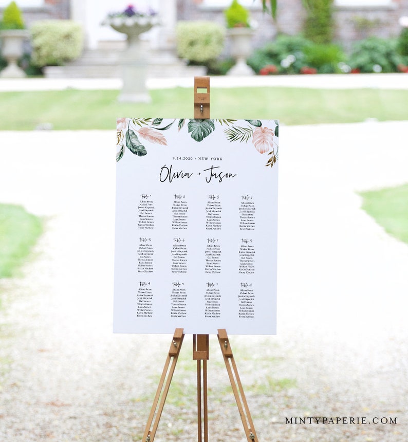 Tropical Seating Chart Template, Wedding Seating Sign, Alphabetical ...