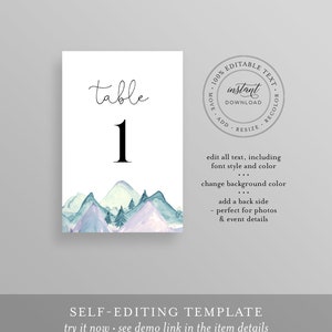 Mountain Pine Table Number Card Template, Rustic Wedding Table Number ...