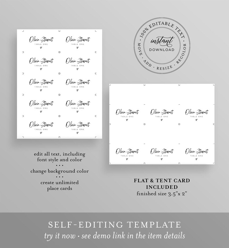 Modern Script Place Card Template Handwritten Font Printable - Etsy