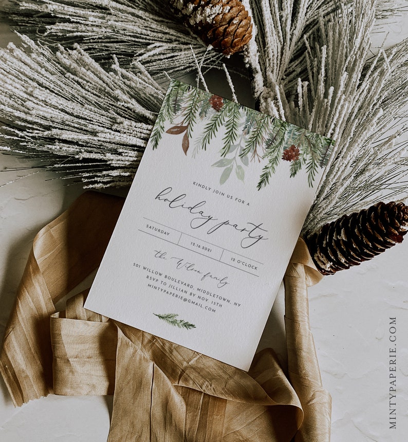 Holiday Party Invitation, Printable Rustic Pine Christmas Party Invite ...