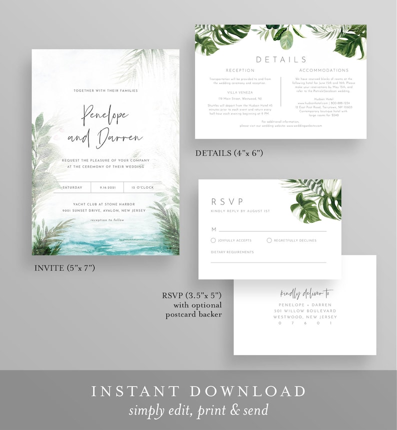 Tropical Wedding Invitation Suite, Destination Beach Wedding Invite ...