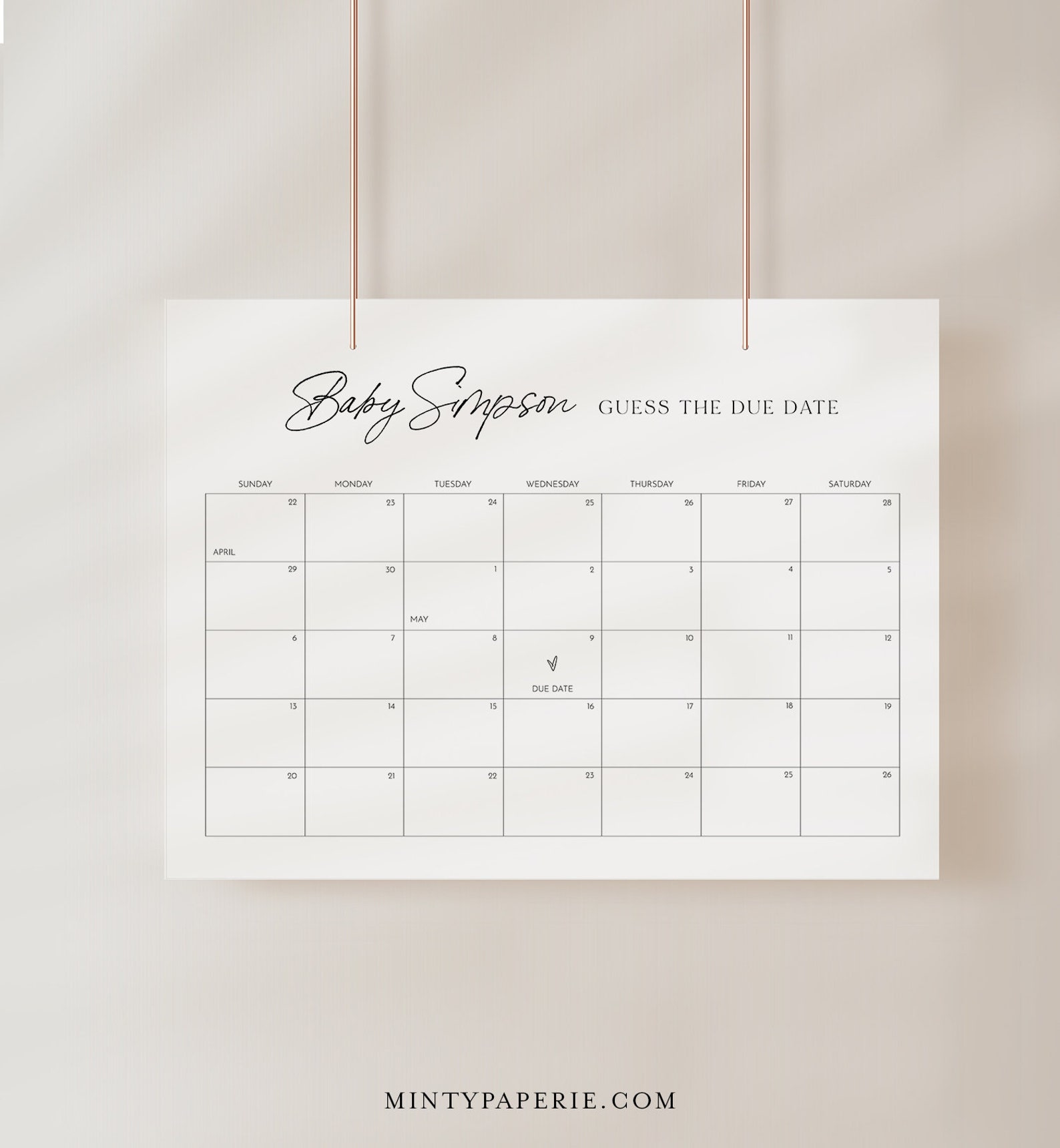Minimalist Baby Due Date Calendar Sign Guess the Birthday - Etsy