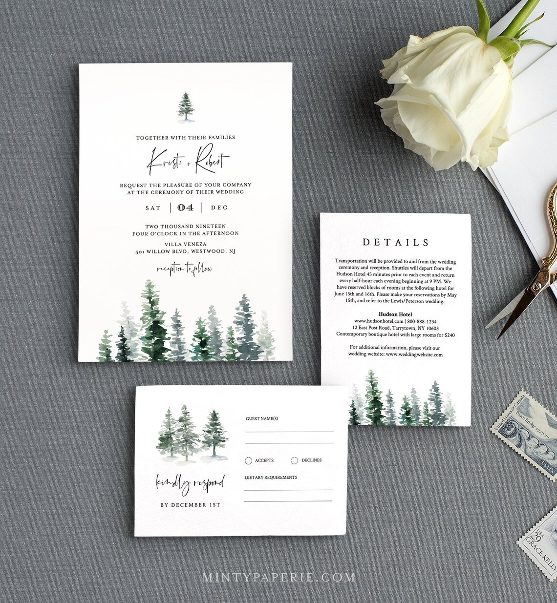 Pine Wedding Invitation Suite Winter Rustic Wedding Invite - Etsy