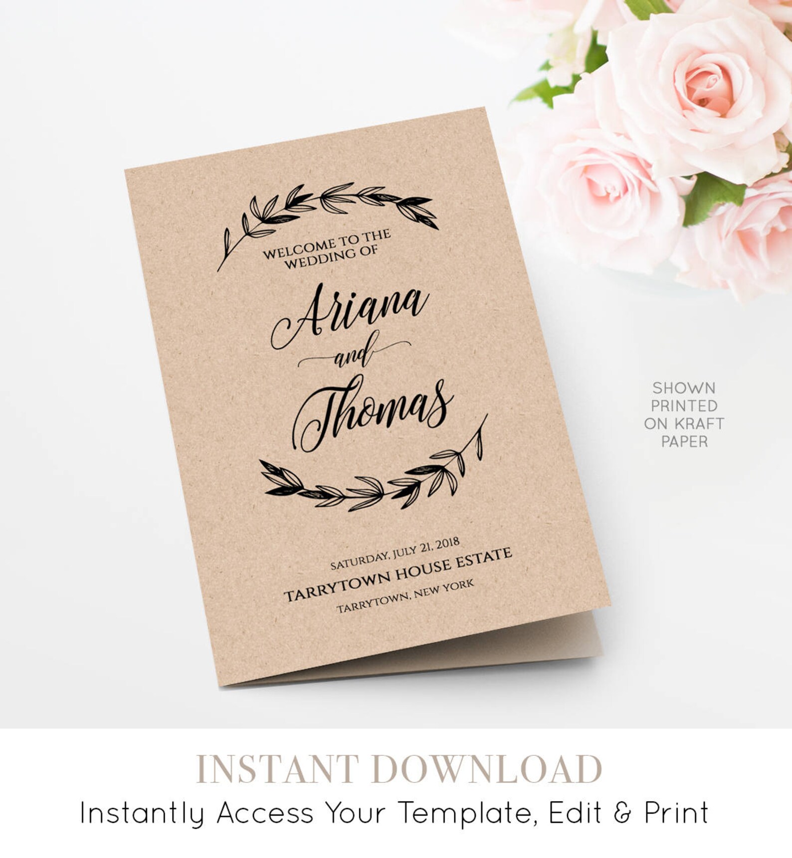 Wedding Program Printable, Rustic Laurels, Ceremony Program Template, Kraft Paper, INSTANT ...