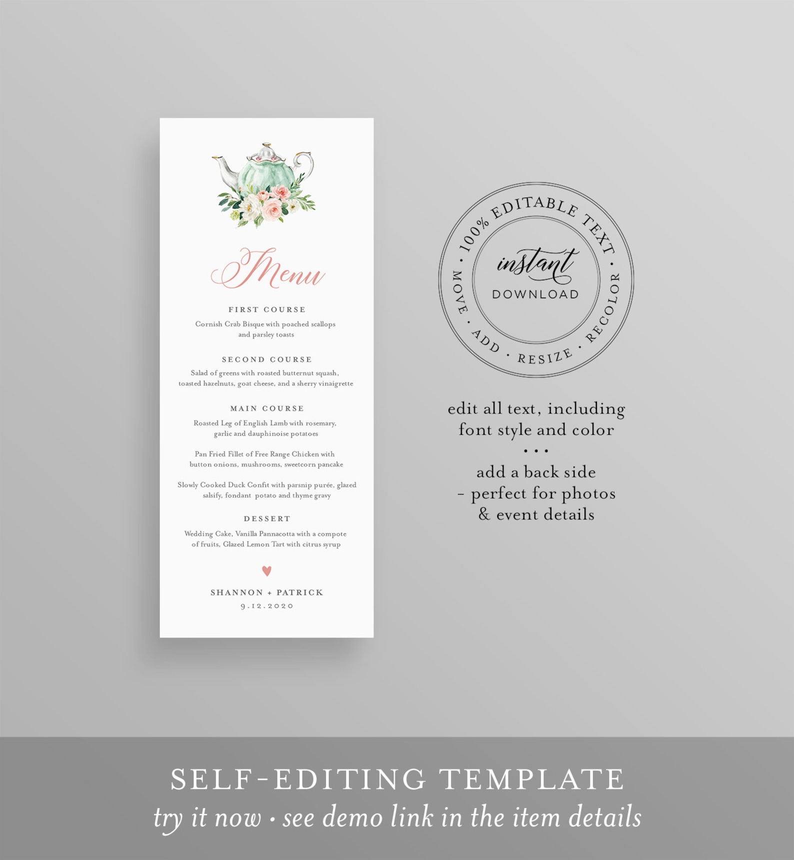 Tea Party Menu Template Teapot Wedding Menu Card Printable - Etsy