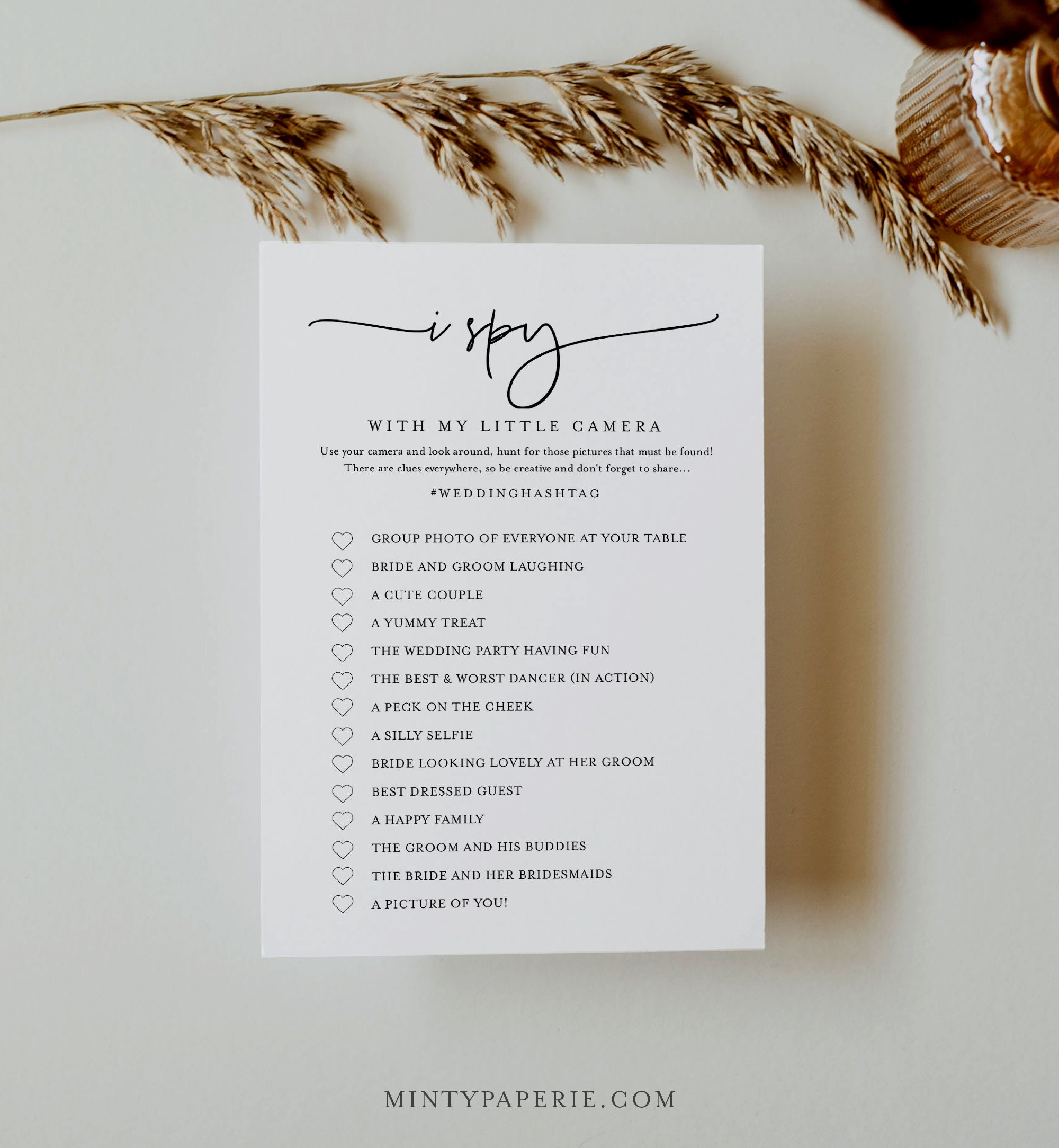 I Spy Wedding Game Printable Card And Sign Editable Template Minimalist Photo Hunt Hashtag