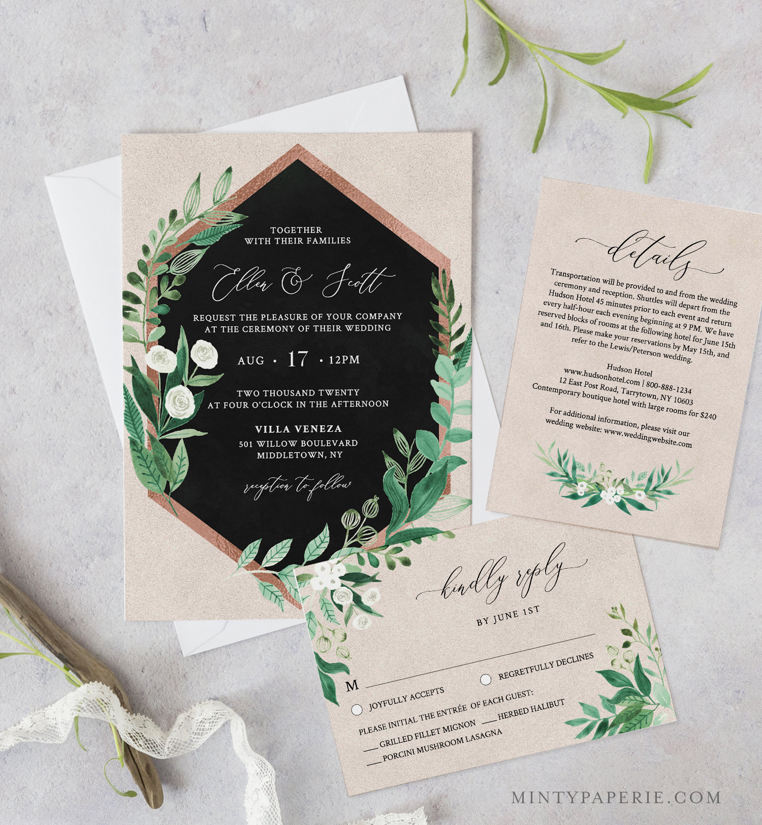 Greenery Wedding Invitation Set Template Watercolor Foliage & - Etsy