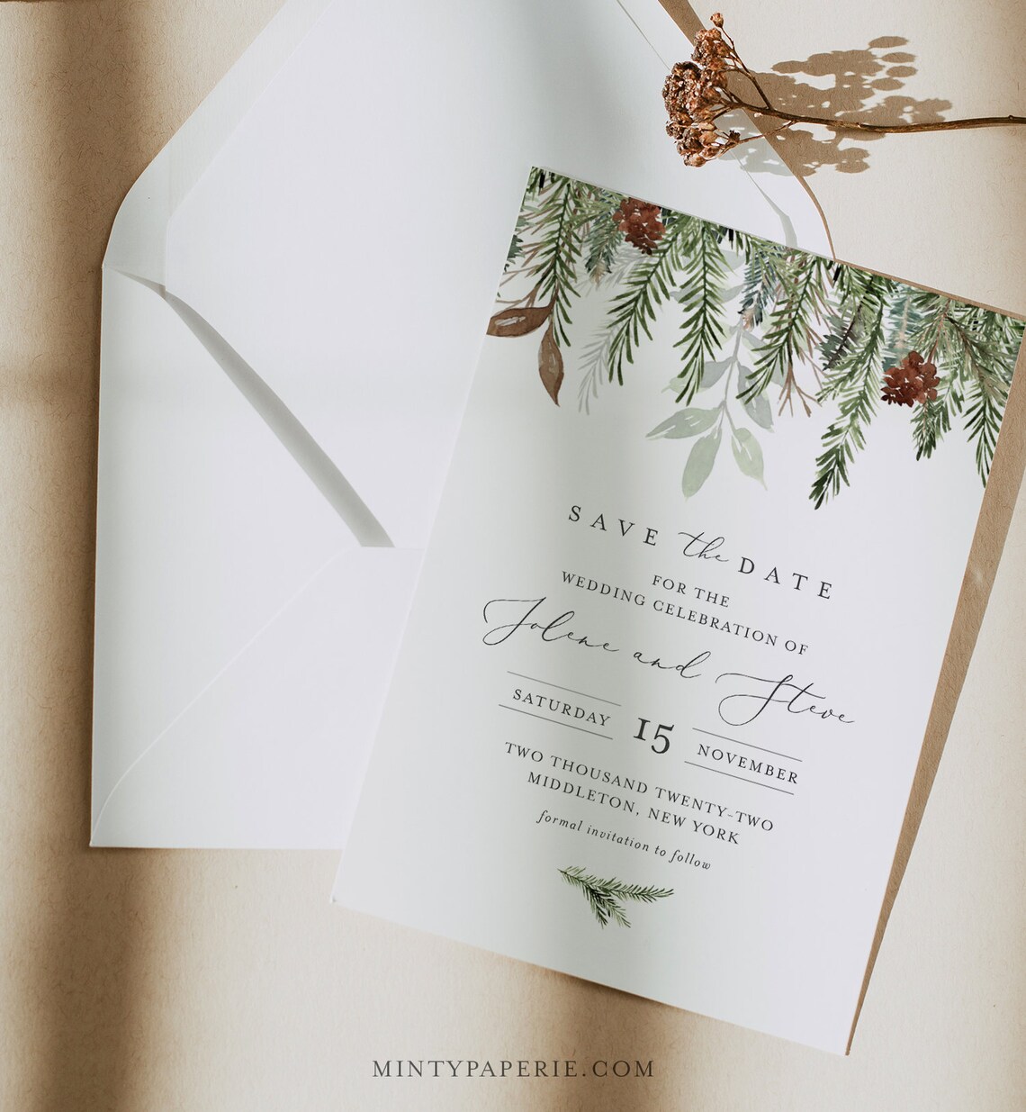 Winter Save the Date Template, 100% Editable Text, Pine Tree Wedding ...
