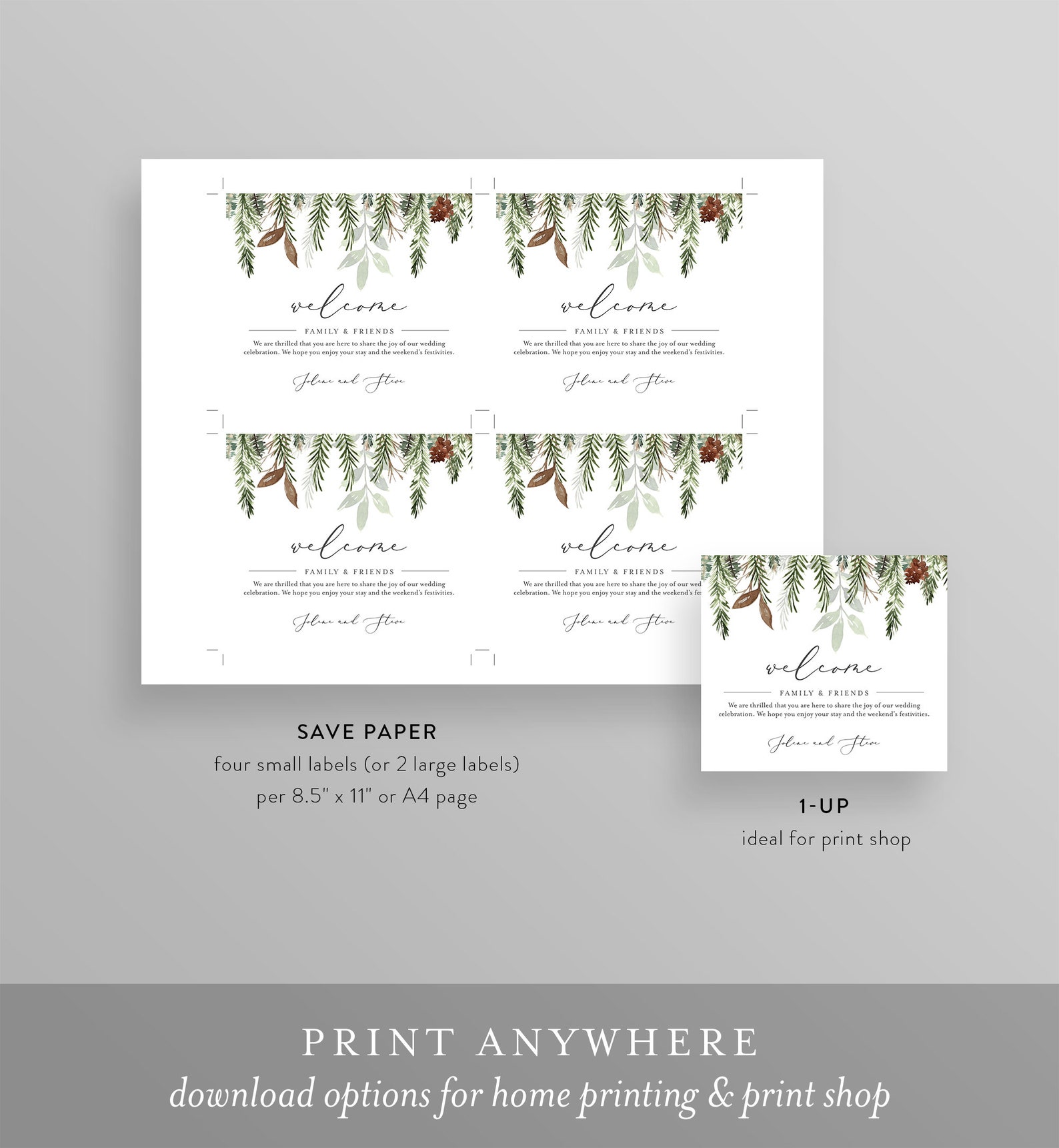 Welcome Bag Label Template, Welcome Box Sticker, Rustic Pine, Winter ...
