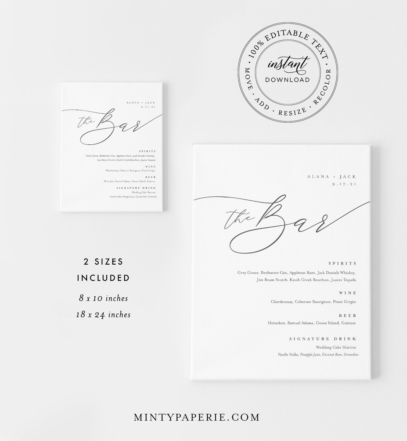 Minimalist Bar Menu Sign, Printable Wedding Bar Menu, Alcohol Drinks ...