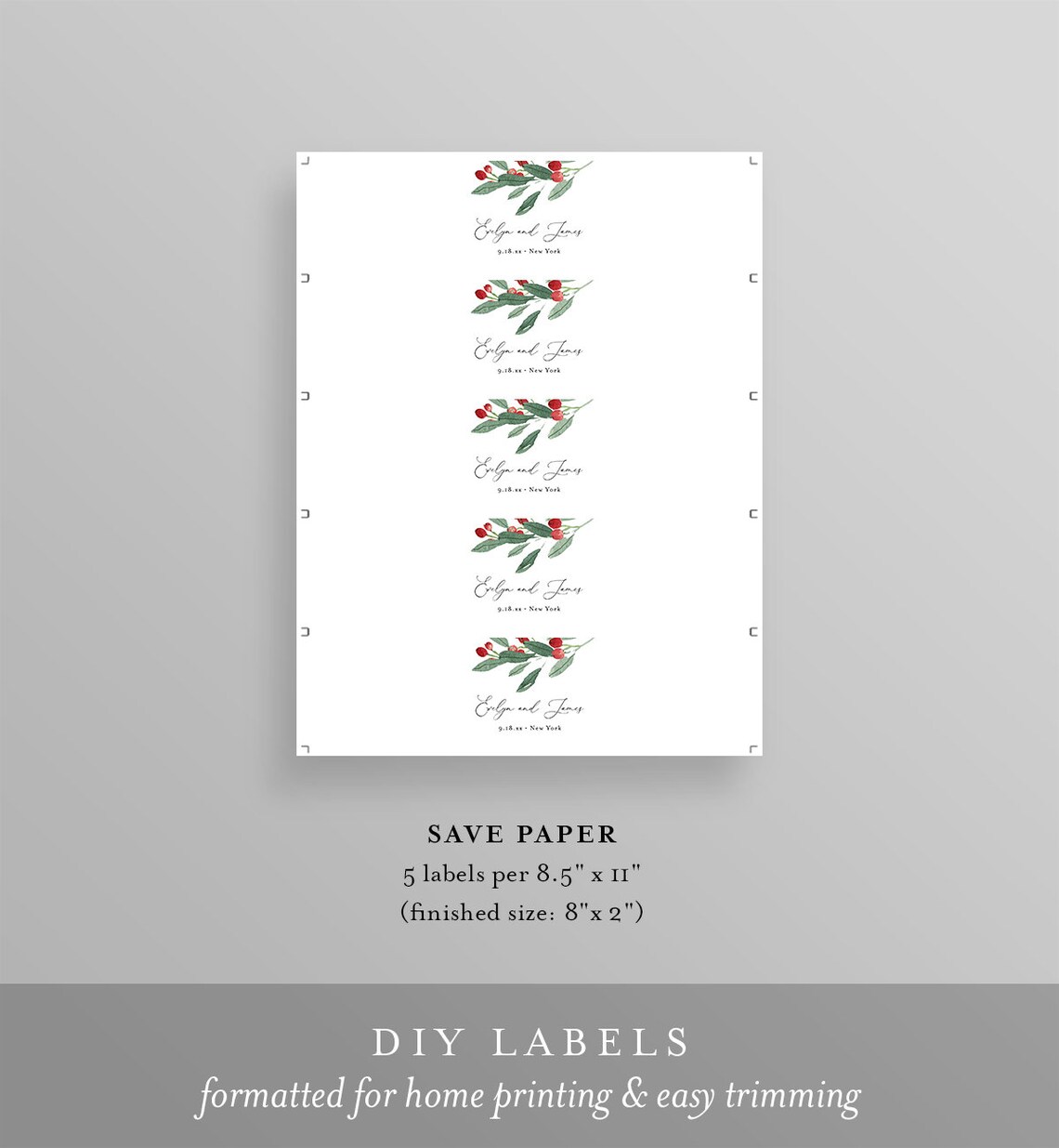 Holly Water Bottle Label Template Winter Wedding Water - Etsy