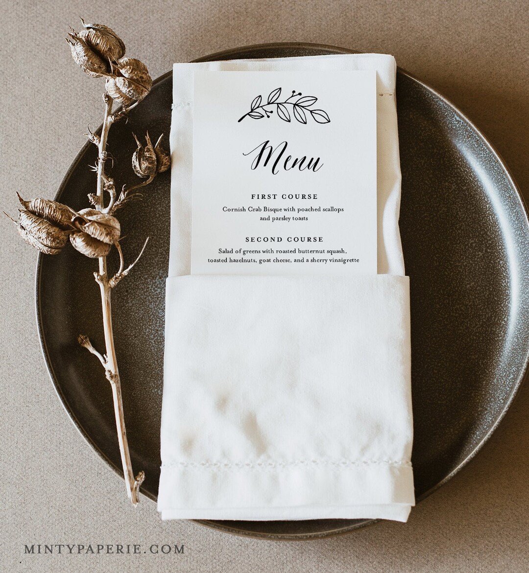 Rustic Laurel Menu Template, Printable Minimalist & Simple Wedding ...