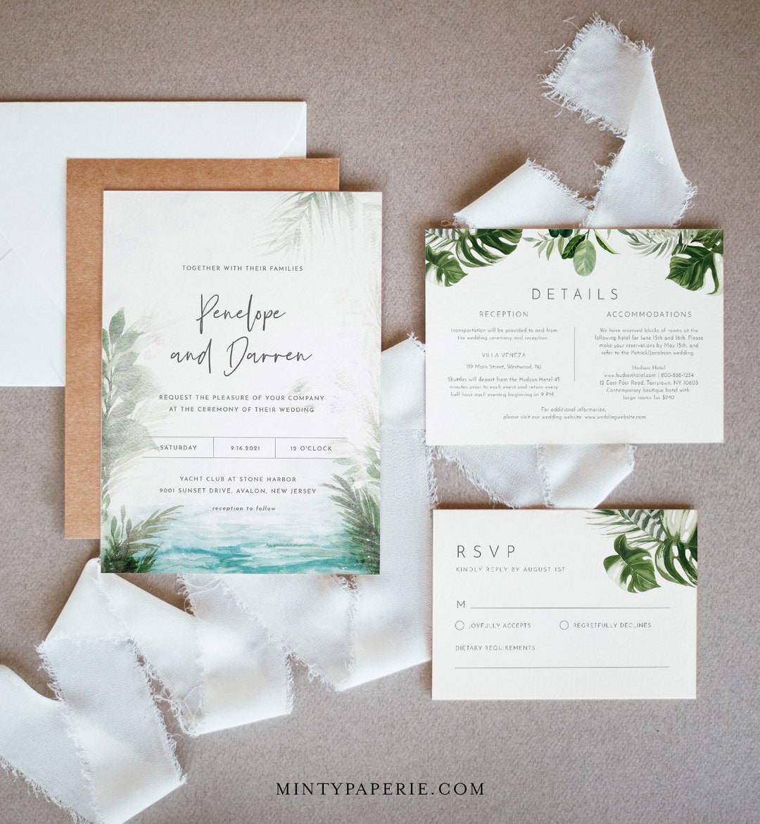 Tropical Wedding Invitation Suite, Destination Beach Wedding Invite ...