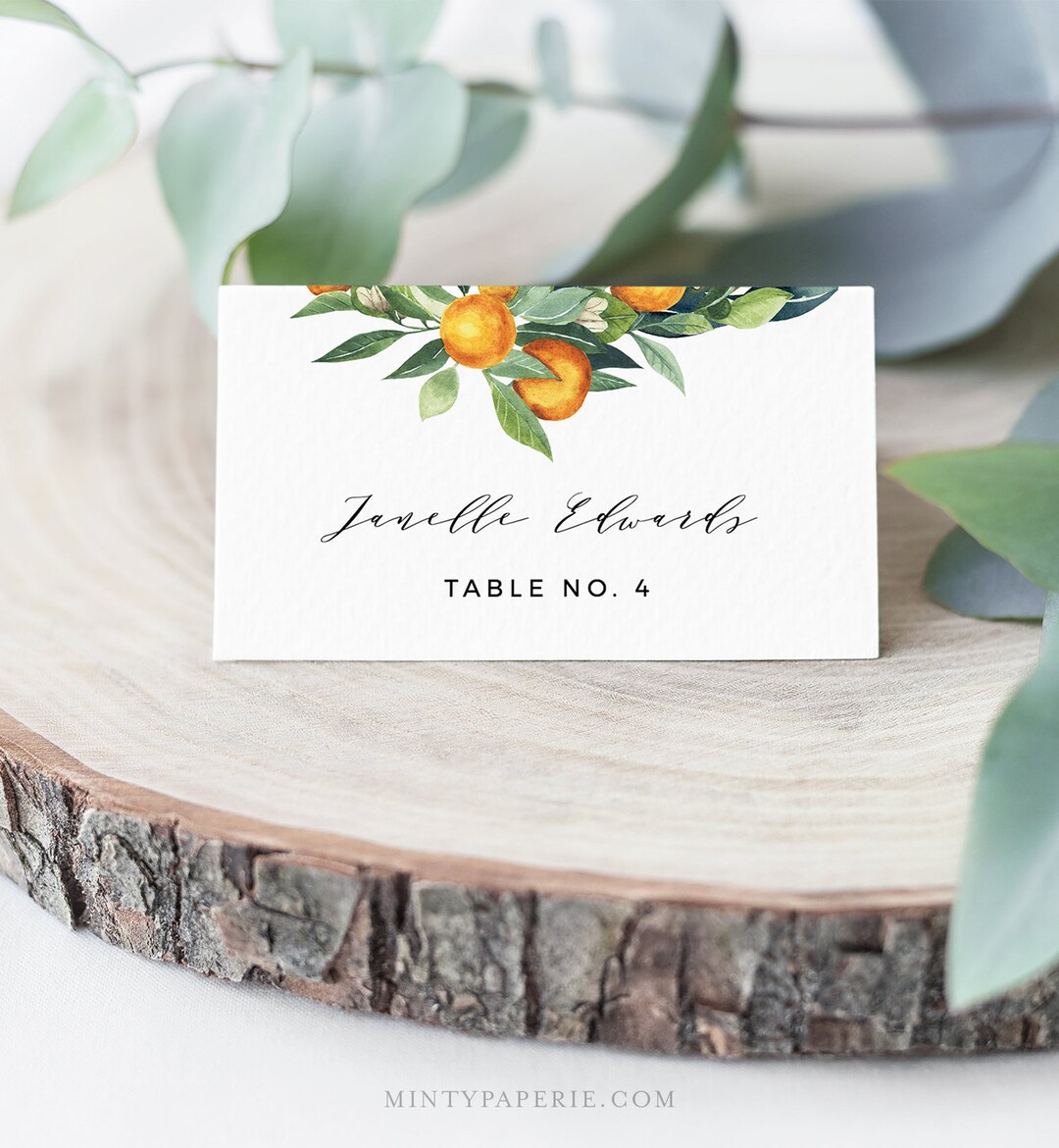 Orange Place Card Template, Printable Citrus Lemon Greenery Wedding ...