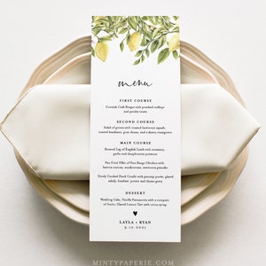 Lemon Menu Template, Summer Wedding Dinner Menu Card, Printable Citrus ...