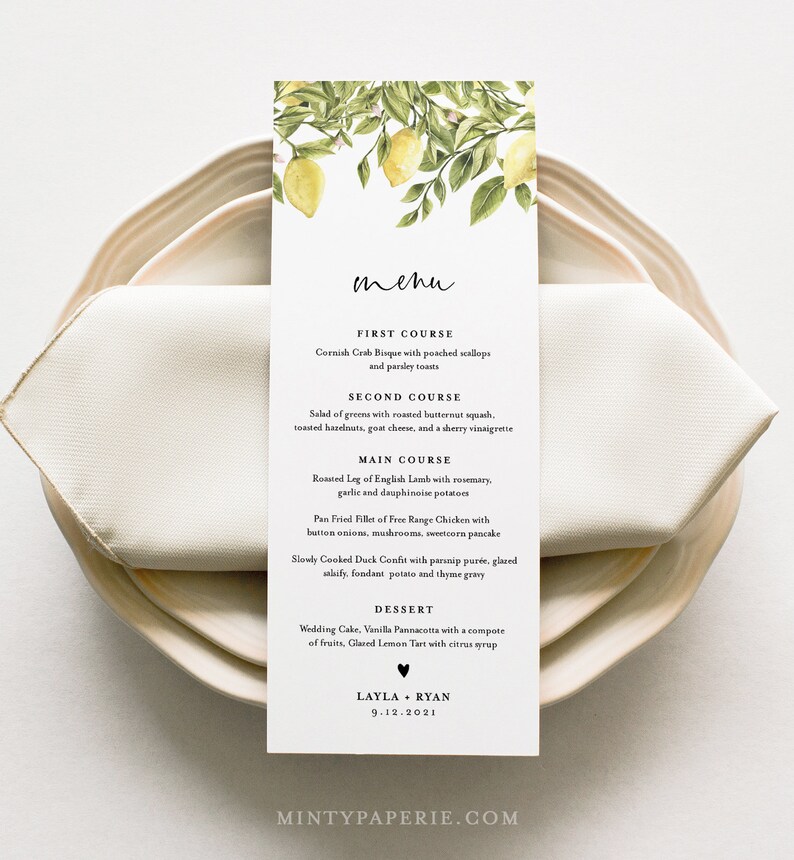 Lemon Menu Template, Summer Wedding Dinner Menu Card, Printable Citrus ...