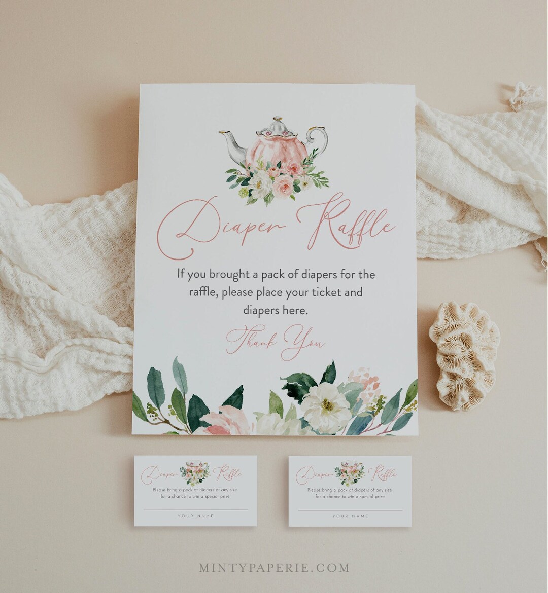 Diaper Raffle Printable, Tea Party Baby Shower Diaper Raffle Insert and ...