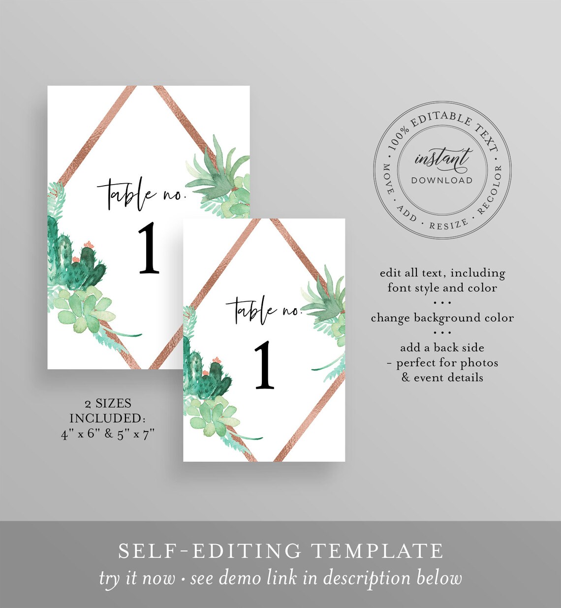 Succulent Table Number Card Template Cactus & Rose Gold - Etsy