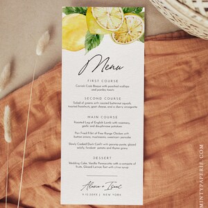 Lemon Menu Template, Printable Citrus Summer Wedding Dinner Menu Card ...