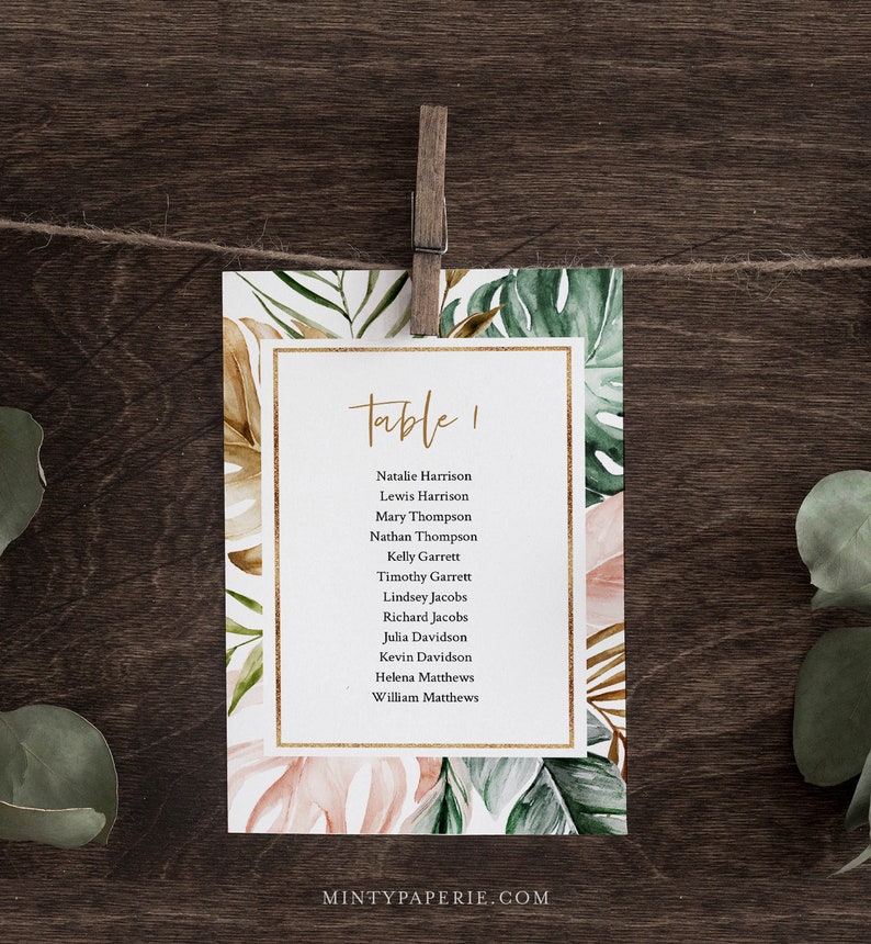 Tropical Seating Chart Template, Lush Greenery Wedding Seating Plan ...