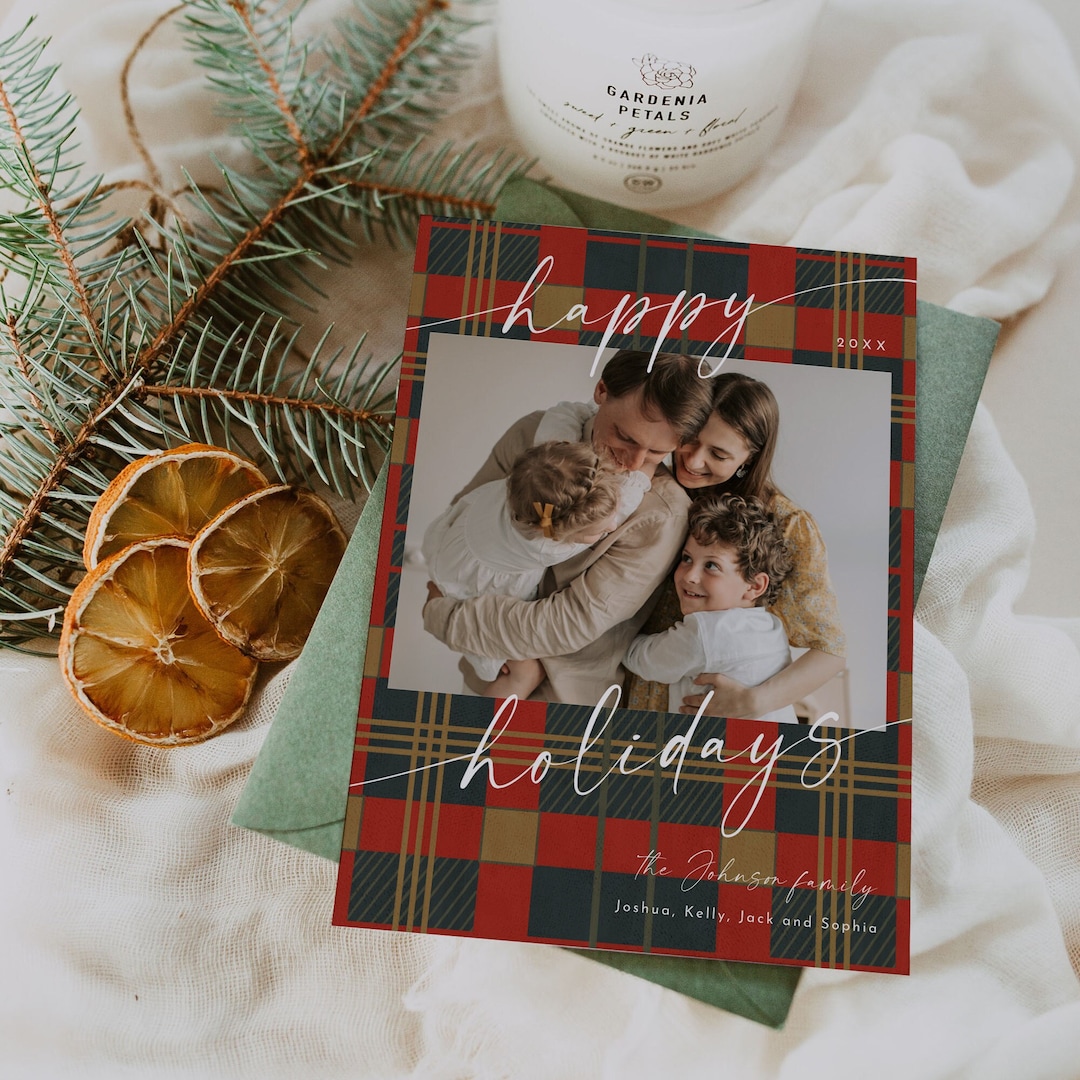 Plaid Photo Holiday Card Template, Flannel Christmas Card, Editable ...