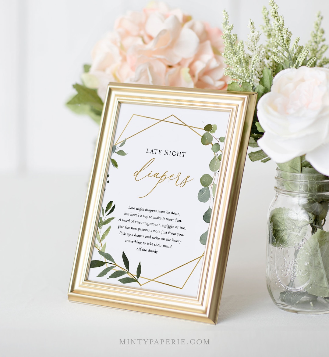 Late Night Diapers Sign, Greenery Baby Shower Game, Printable Diaper ...