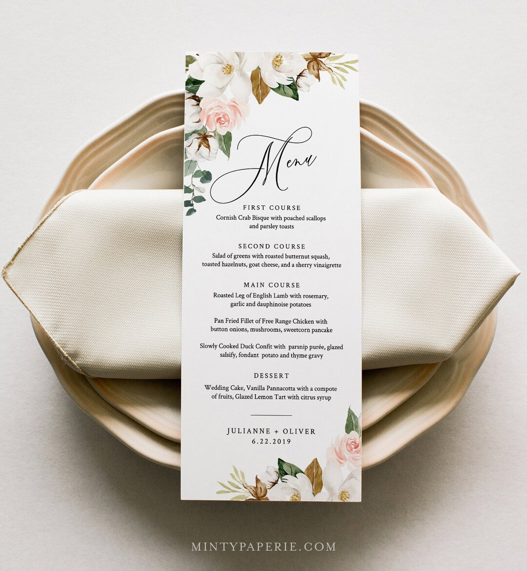Wedding Menu Template, Southern Magnolia Menu Card, Printable Dinner ...