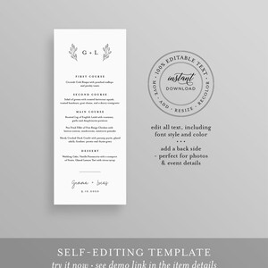 Monogram Menu Template, Printable Modern Minimalist Wedding Dinner Menu ...