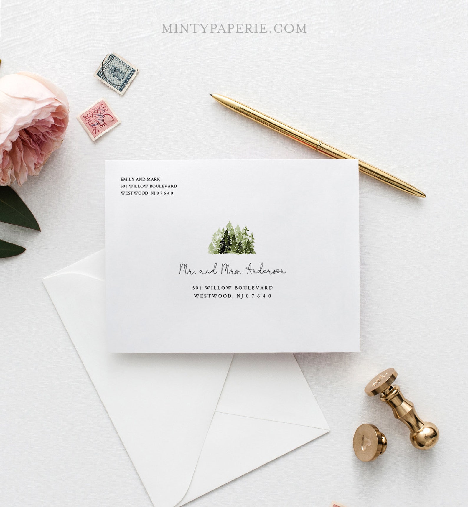 Pine Tree Envelope Template, Printable Woodland Lake Wedding Address ...