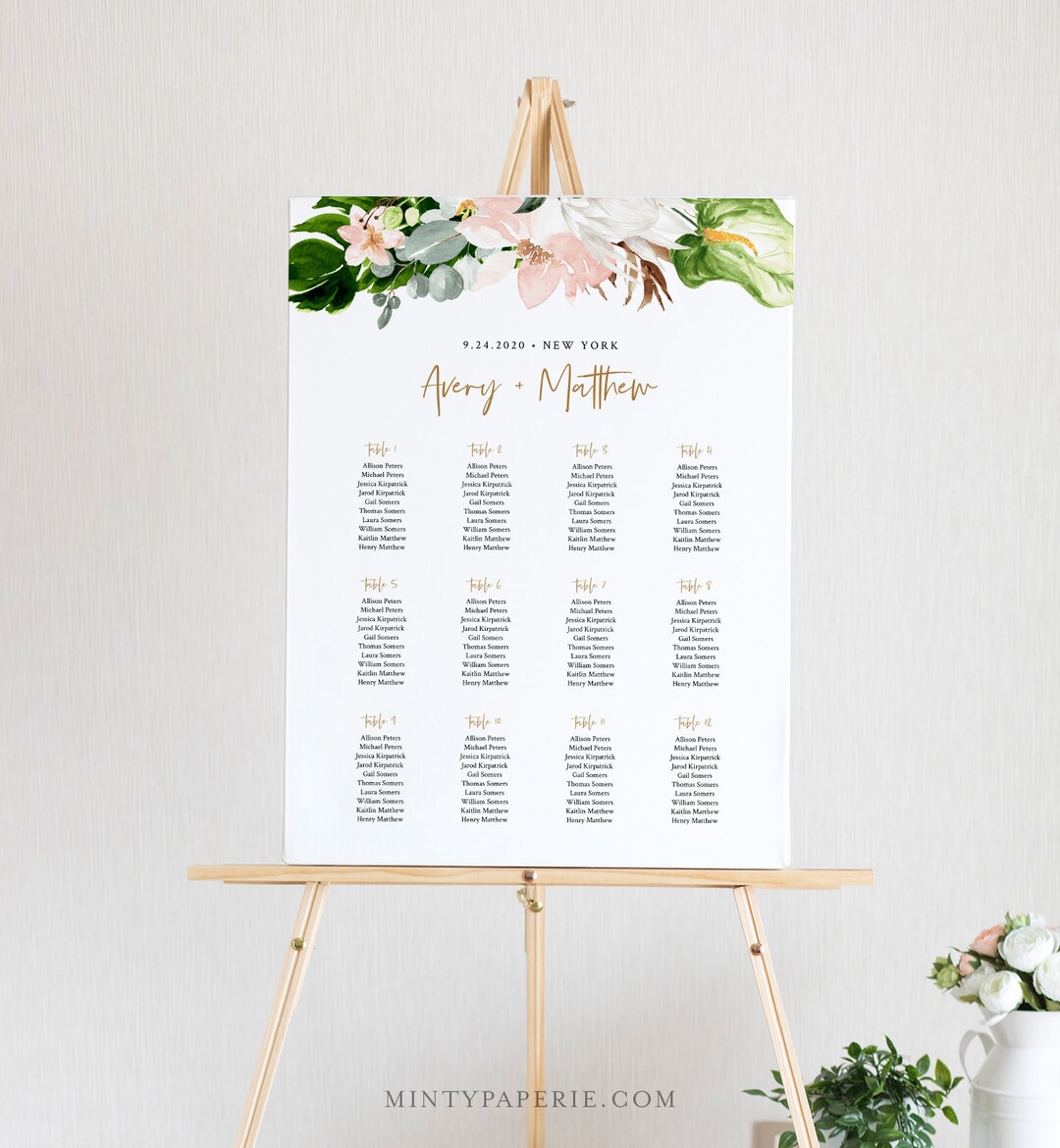 Tropical Seating Chart Template, Wedding Seating Sign, Alphabetical ...