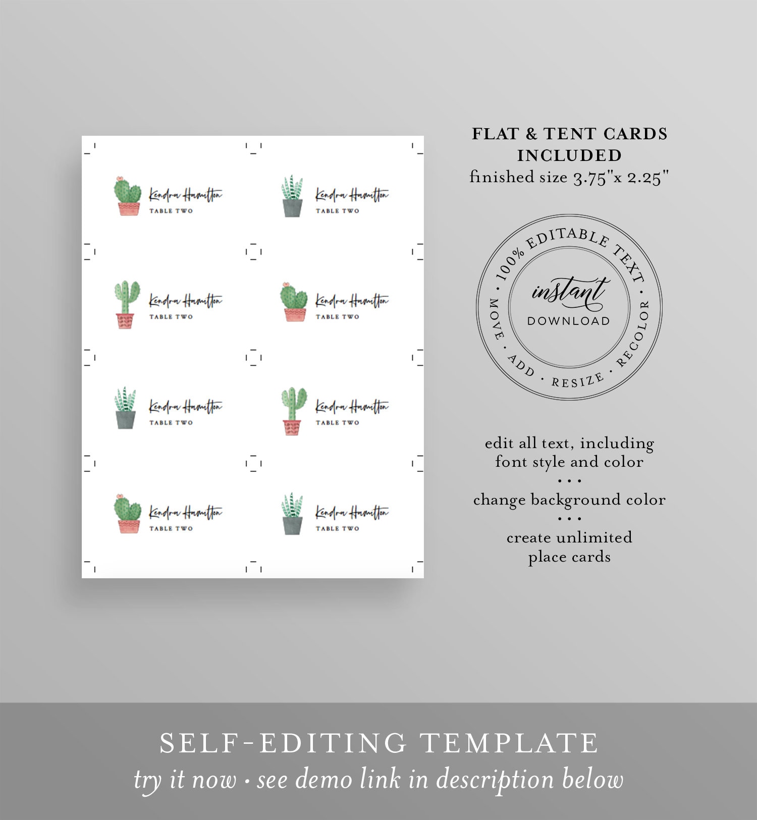 Cactus Place Card Template INSTANT DOWNLOAD Printable - Etsy