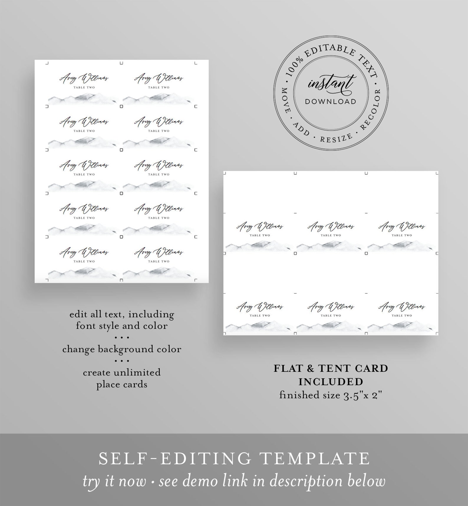 Mountain Place Card Template, Printable Rustic Winter Wedding Buffet ...