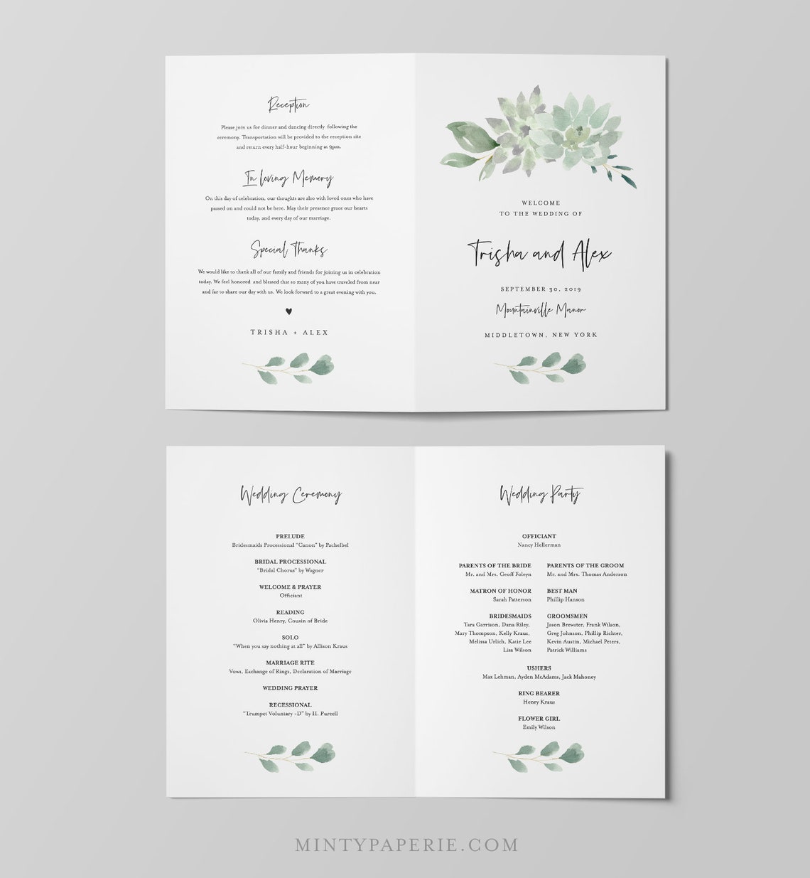 Folded Wedding Program Template Succulent Greenery Order of - Etsy