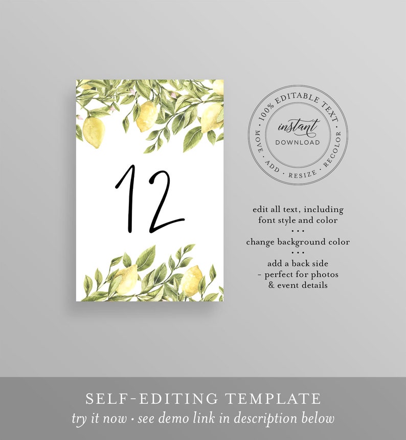 Lemon Table Number Card Template Printable Table Number | Etsy