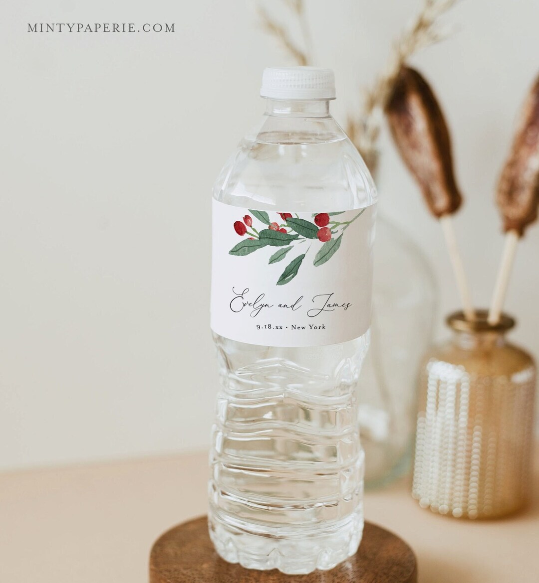 Holly Water Bottle Label Template, Winter Wedding Water Sticker ...
